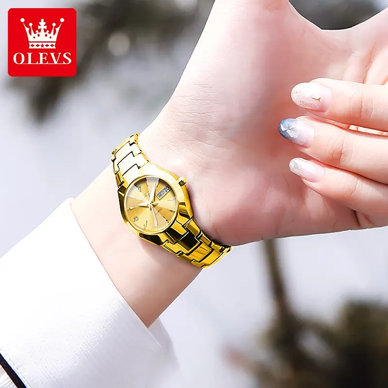 Olevs Tungsten Steel Gold Dial Ladies Watch | 8697