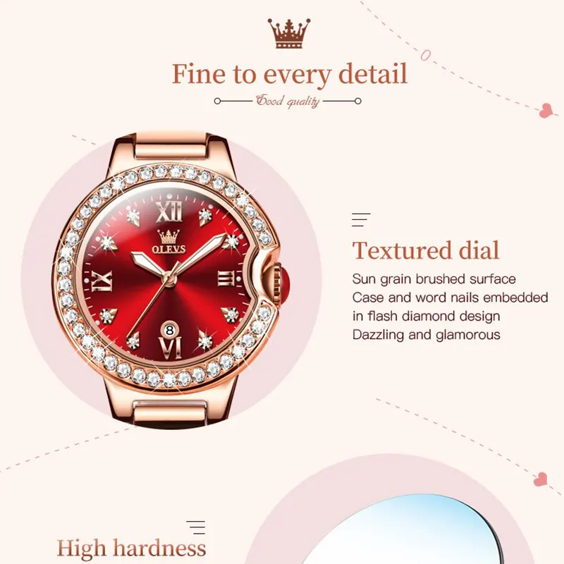 Olevs Red Dial Rose Gold-tone Ladies Watch | 5518