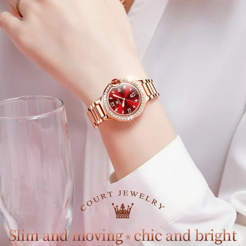 Olevs Red Dial Rose Gold-tone Ladies Watch | 5518