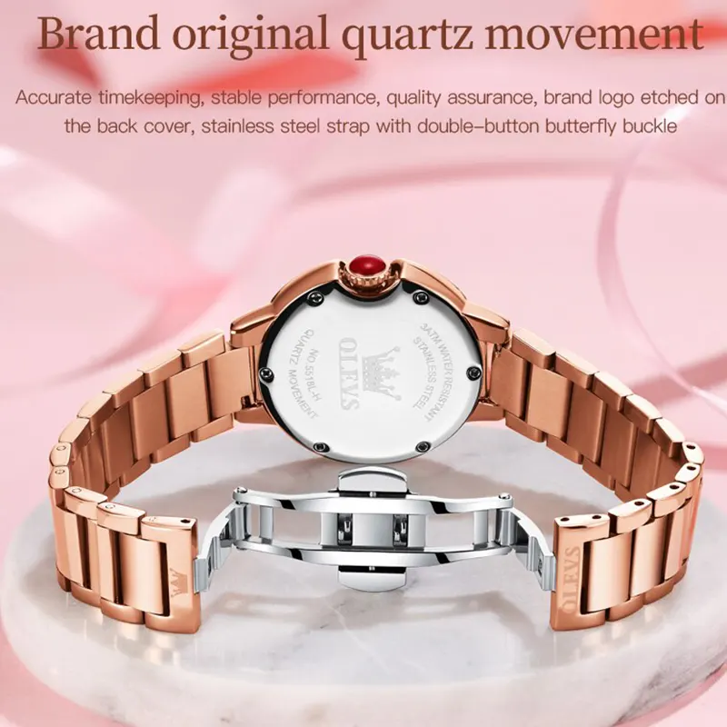 Olevs Red Dial Rose Gold-tone Ladies Watch | 5518