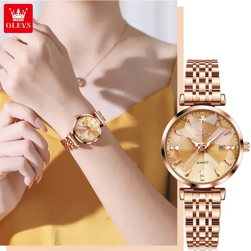 Olevs Luxury Rose Diamond Dial Rose Gold Ladies Watch | 5536