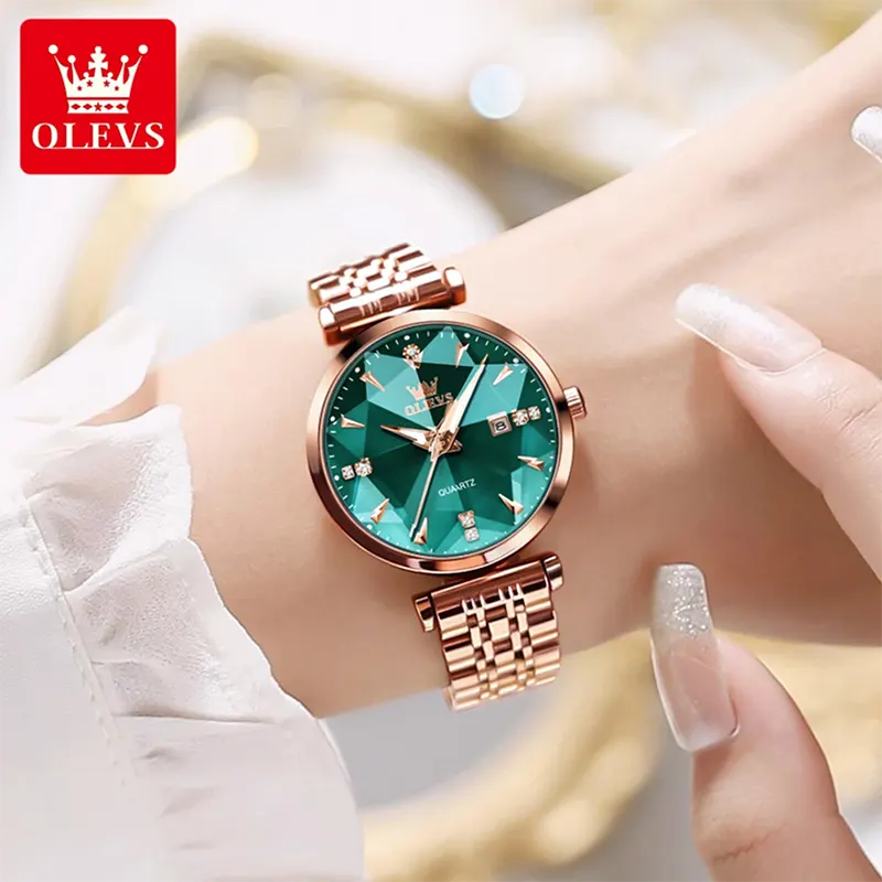 Olevs Luxury Green Diamond Dial Rose Gold Ladies Watch | 5536