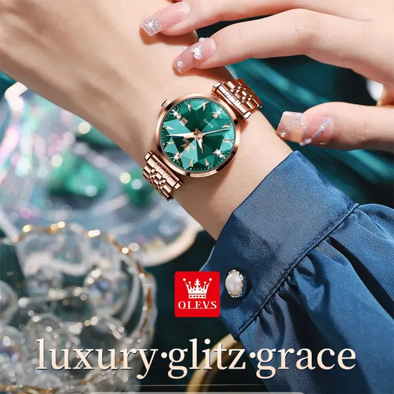 Olevs Luxury Green Diamond Dial Rose Gold Ladies Watch | 5536