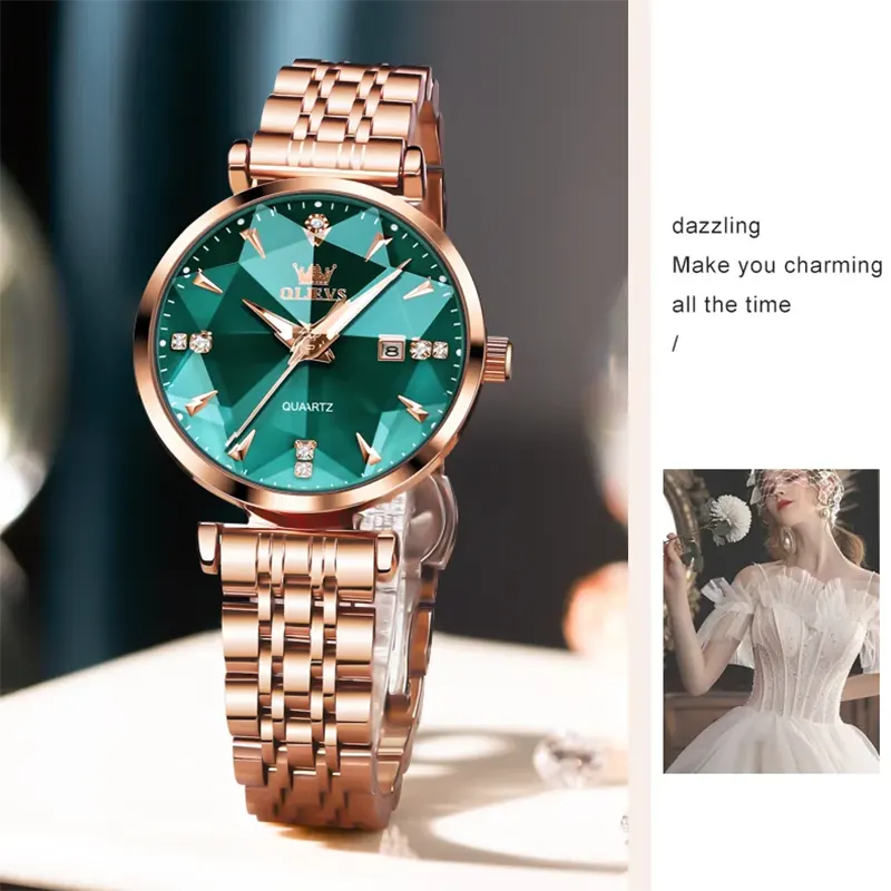 Olevs Luxury Green Diamond Dial Rose Gold Ladies Watch | 5536