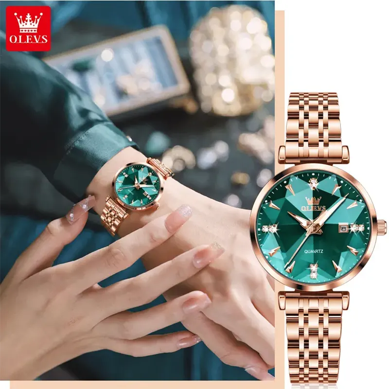 Olevs Luxury Green Diamond Dial Rose Gold Ladies Watch | 5536