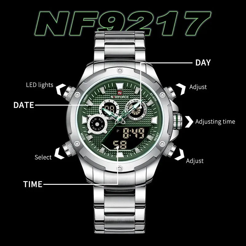 Naviforce NF9217 Dual-time Green Dial Men's Watch