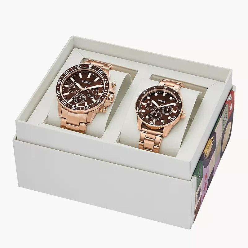 Fossil His and Hers Bannon Rose Gold-tone Brown Dial Watch Box Set ...