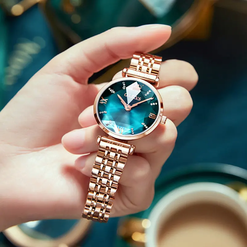 Olevs Luxury Green Diamond Dial Rose Gold Ladies Watch | 6642