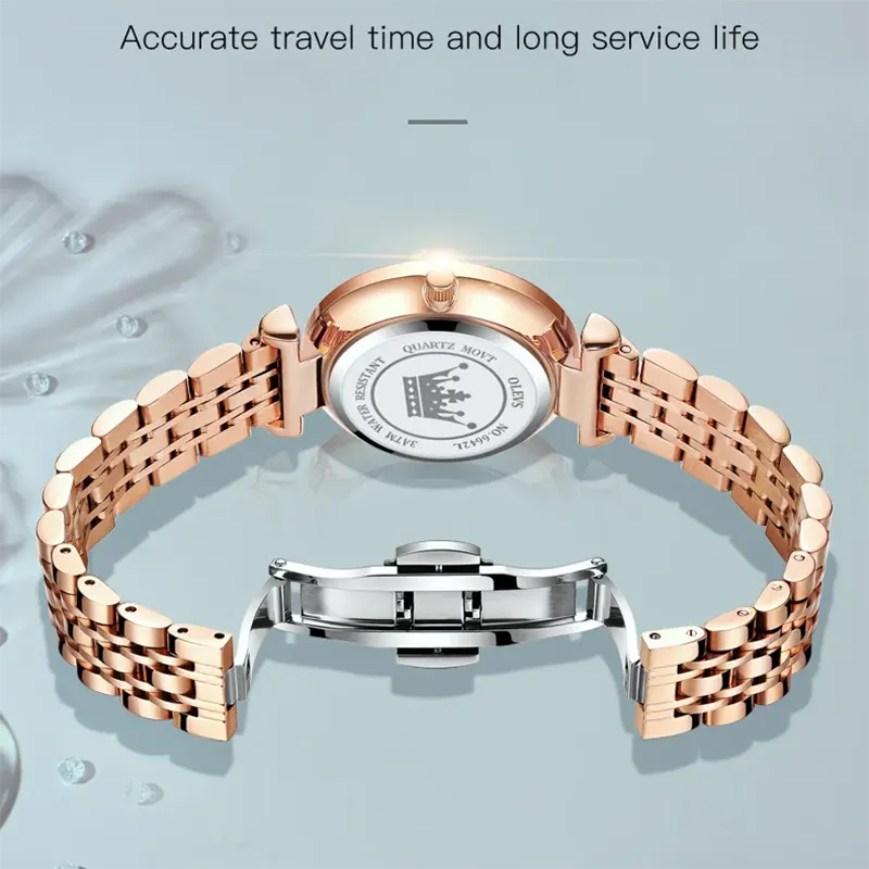 Olevs Luxury Silver Diamond Dial Rose Gold Ladies Watch | 6642