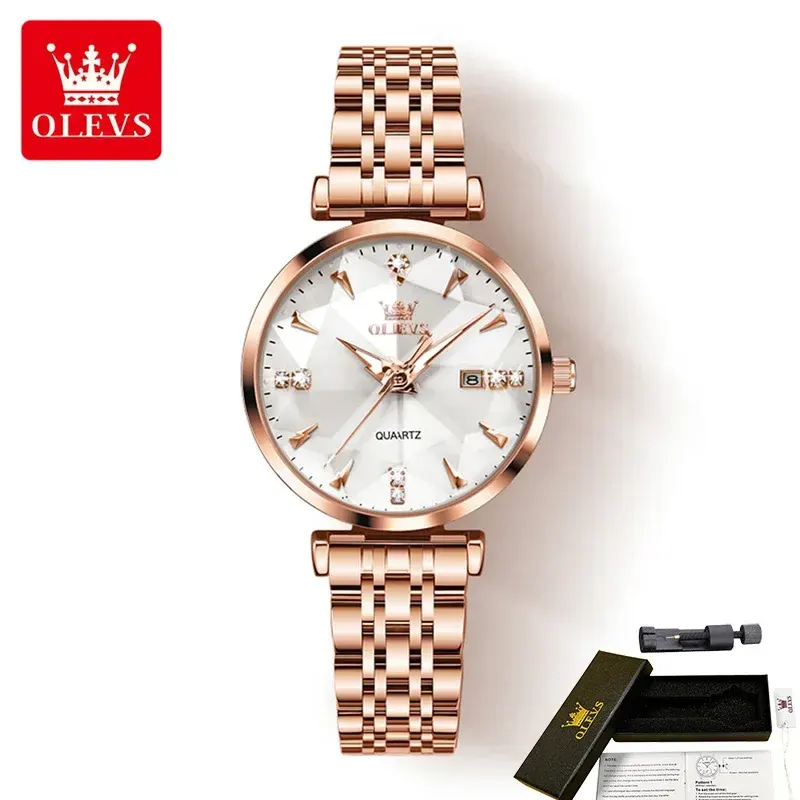 Olevs Luxury Silver Diamond Dial Rose Gold Ladies Watch | 5536