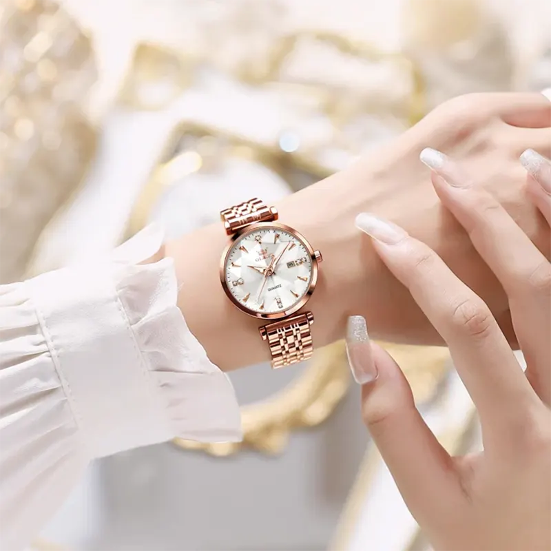 Olevs Luxury Silver Diamond Dial Rose Gold Ladies Watch | 5536