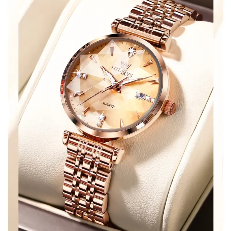 Olevs Luxury Rose Diamond Dial Rose Gold Ladies Watch | 5536