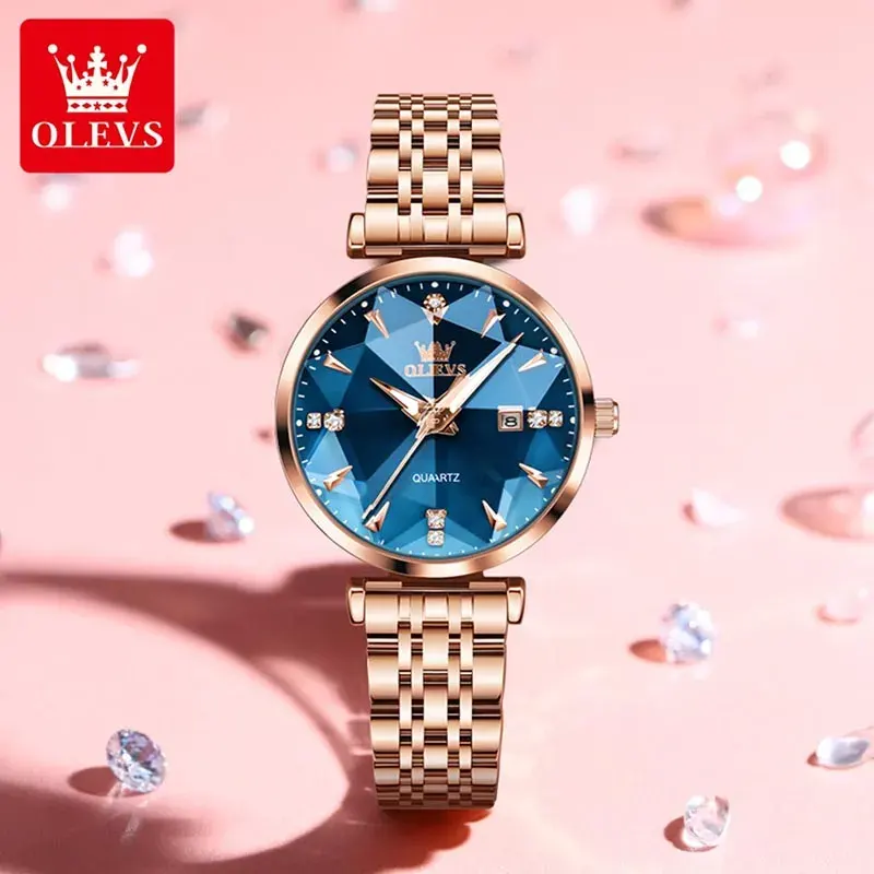 Olevs Luxury Blue Diamond Dial Rose Gold Ladies Watch | 5536