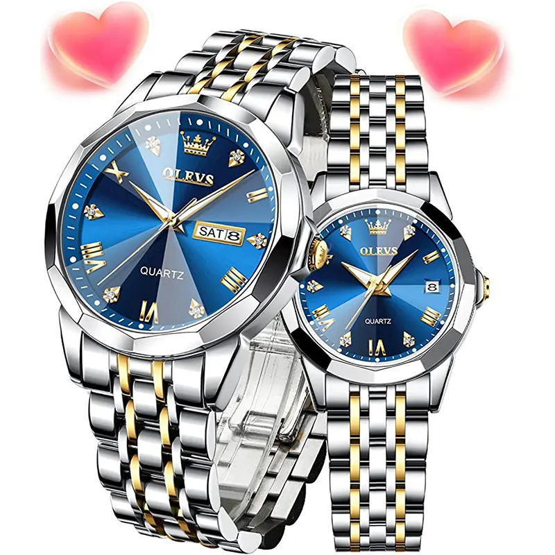 Olevs Blue Dial Dual-tone Couples Watch | 9931