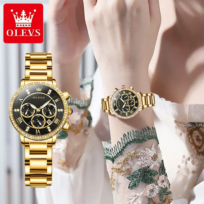 Olevs 9976 Chronograph Black Dial Ladies Watch