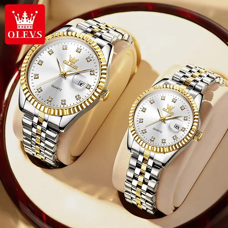 Olevs White Dial Two-tone Couple Watch | 5526