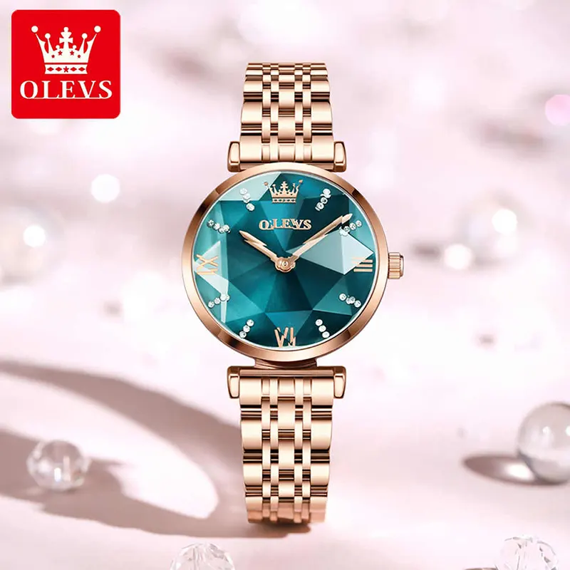 Olevs Luxury Green Diamond Dial Rose Gold Ladies Watch | 6642