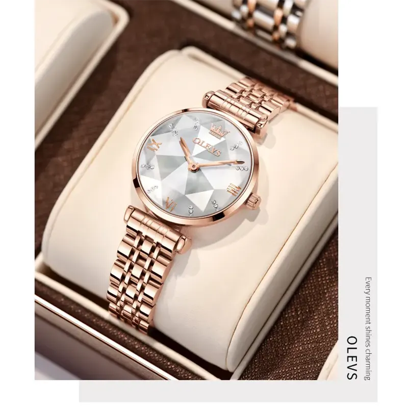 Olevs Luxury Silver Diamond Dial Rose Gold Ladies Watch | 6642