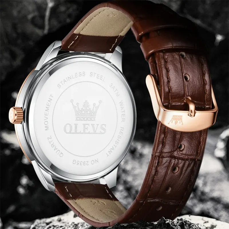 Olevs 2935 Silver Dial Brown Leather Strap Men's Watch