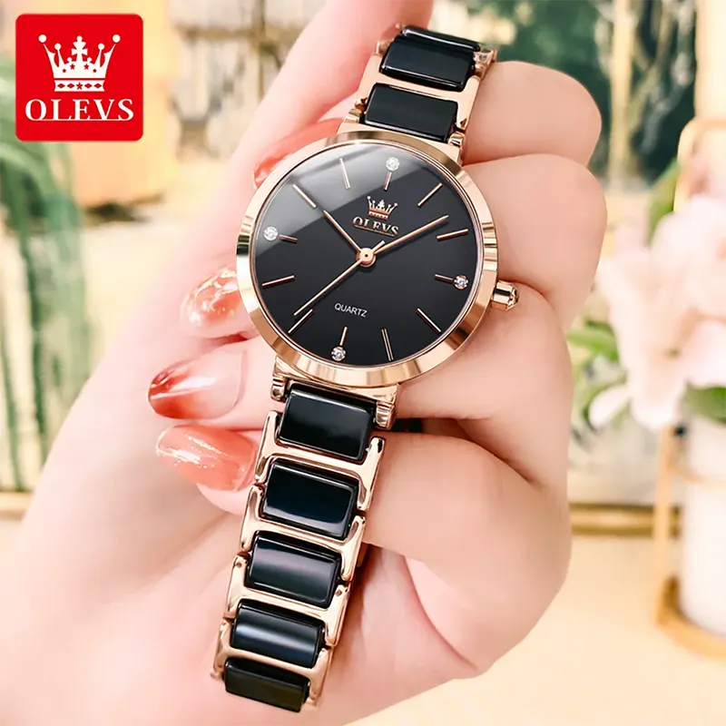 Olevs Most Luxurious Ceramic Black Dial Ladies Watch | 5877