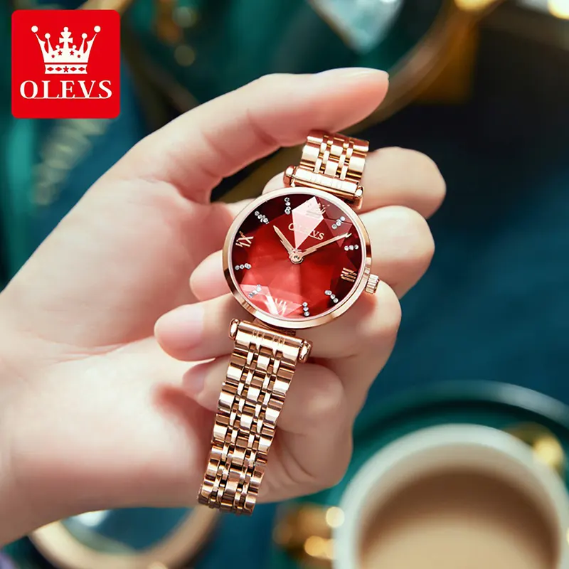 Olevs Luxury Red Diamond Dial Rose Gold Ladies Watch | 6642