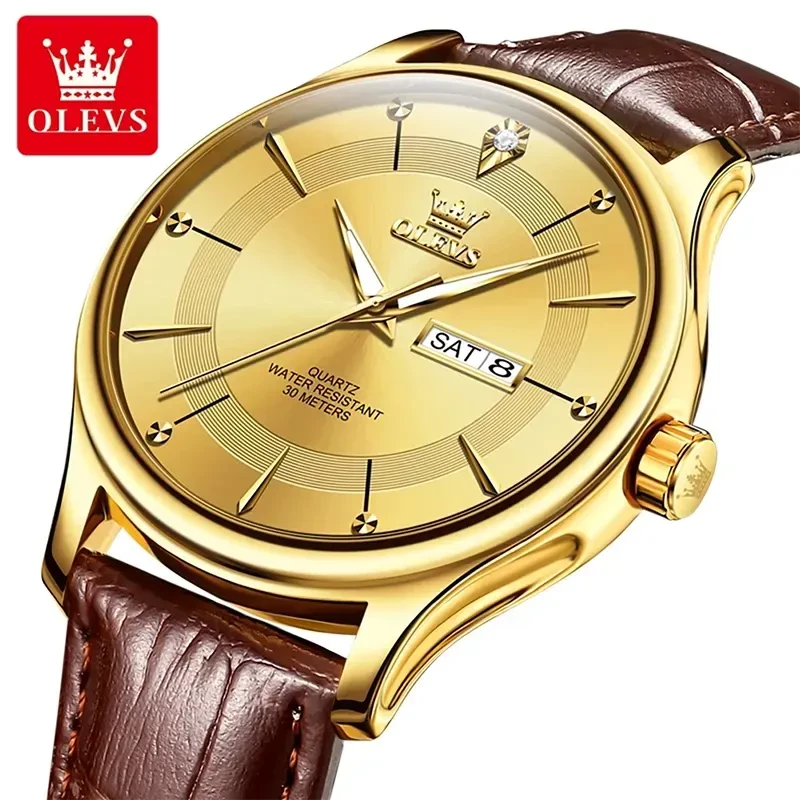 Olevs 9908 Gold Dial Brown Leather Strap Men's Watch