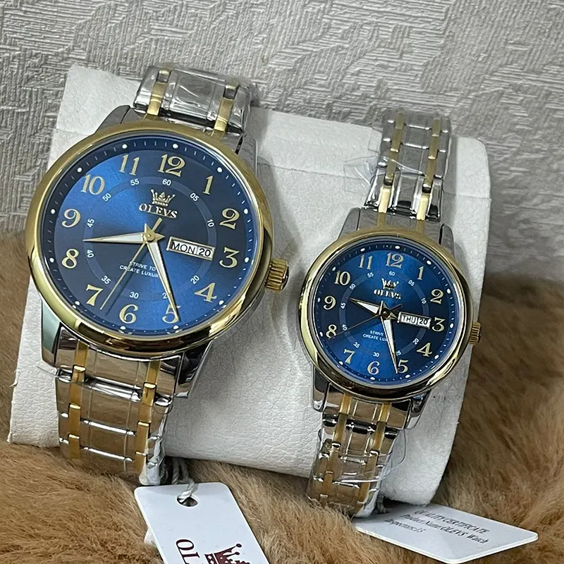 Olevs Black Blue Dial Two-tone Couple Watch | 2891